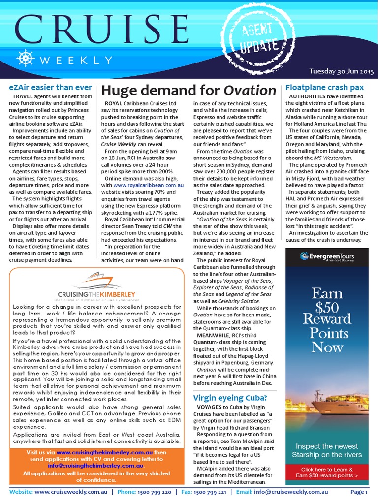 Cruise Weekly For Tue 30 Jun 2015 - Demand For Ovation, Geelong Growth ...