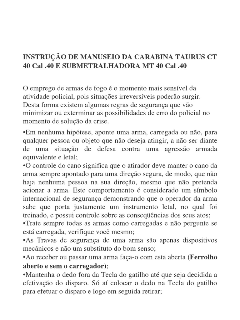 Instruções de segurança e manuseio da carabina Taurus CT40 Cal. .40 e ...