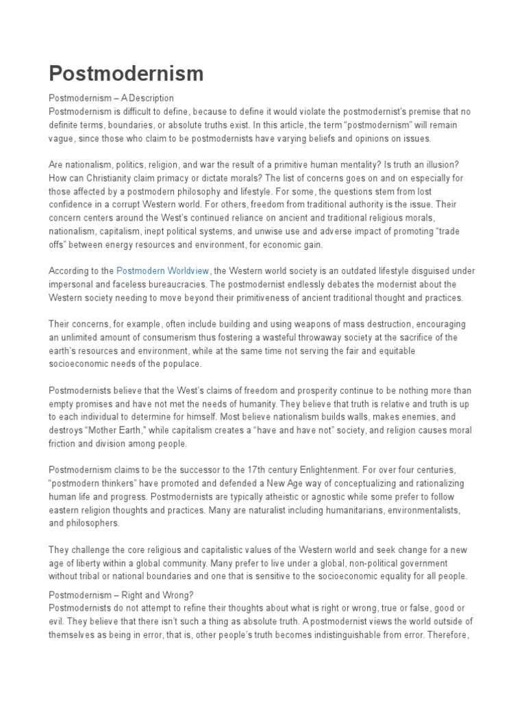 Postmodernism: Postmodern Worldview | PDF | Postmodernism | Morality