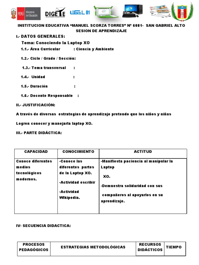 Sesion de Aprendizaje Laptop Xo | PDF | Pedagogía | Aprendizaje