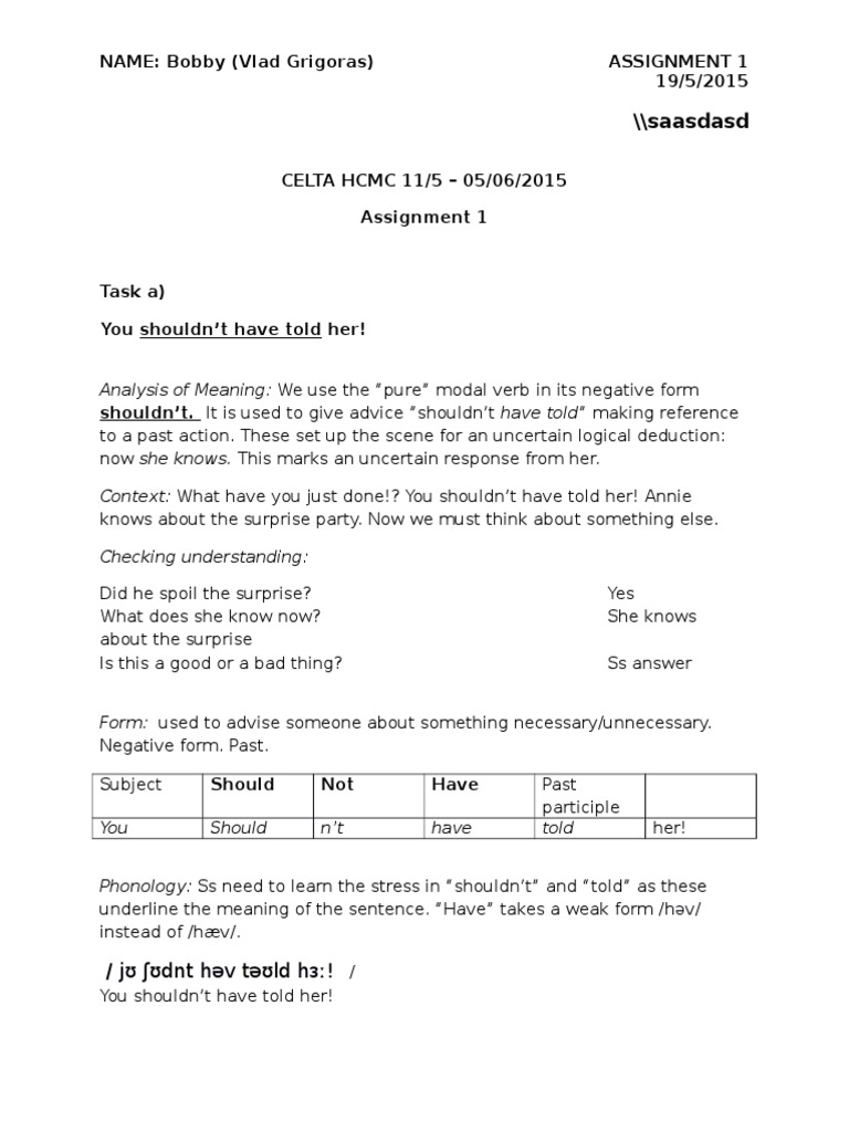Assignment 1 CELTA | English Language | Language Mechanics