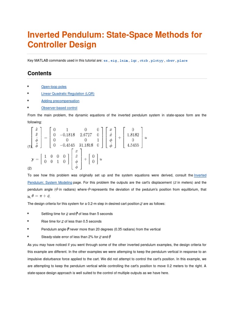 Inverted Pendulum State-Space Methods For Controller Design | PDF | Control Theory | Matrix ...