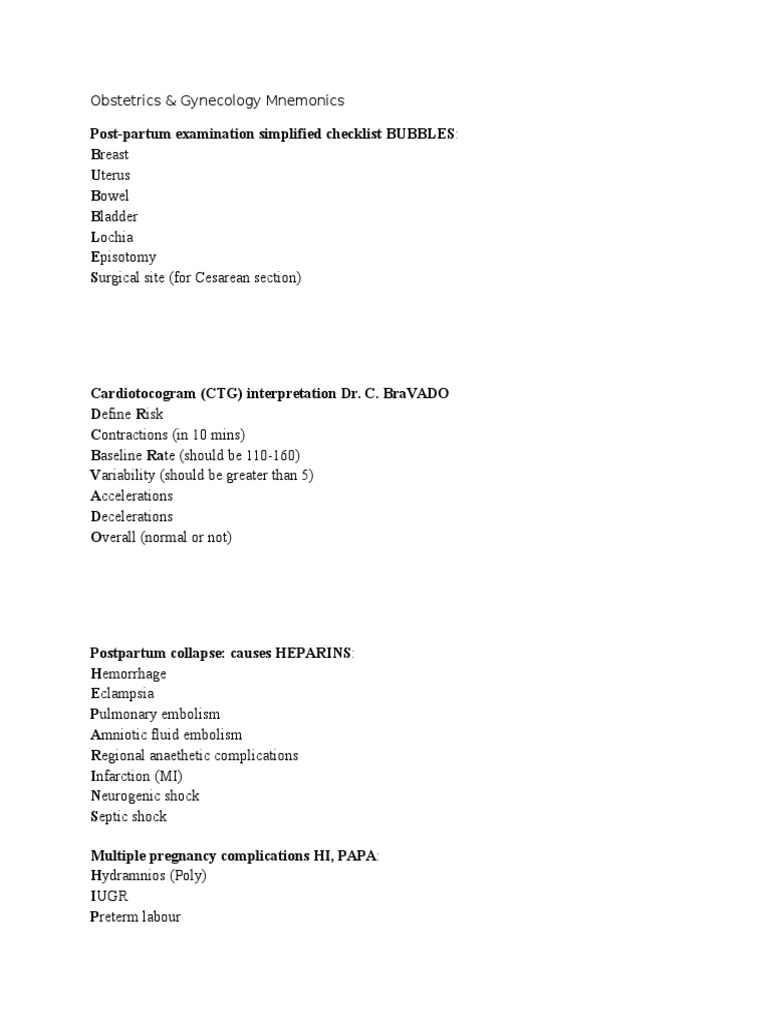 Essential Obstetrics Mnemonics Guide | PDF | Miscarriage | Childbirth