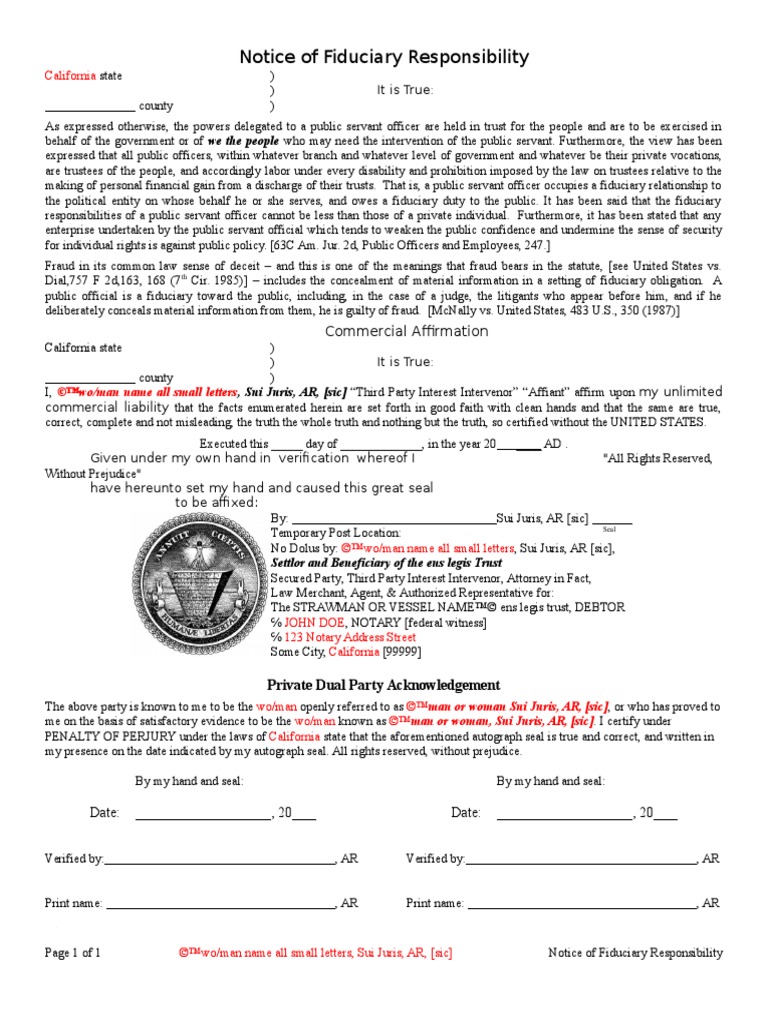 Example, Sample, Generic Notice of Fiduciary Responsibility | PDF ...