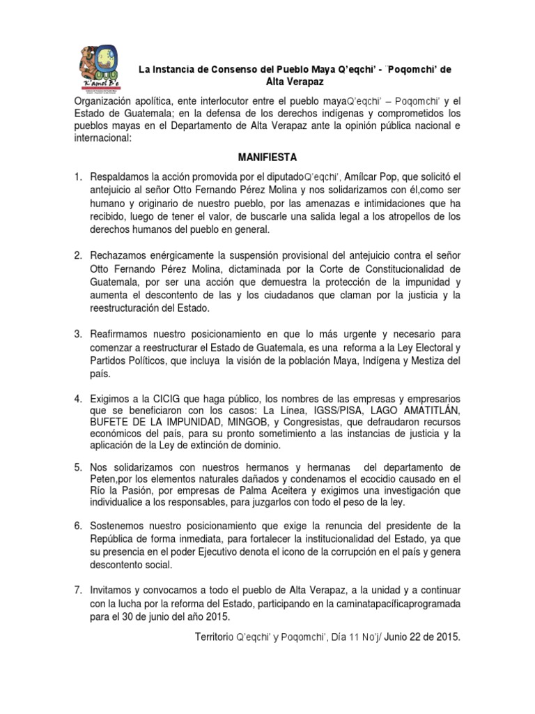 Comunicado: La Instancia de Consenso Del Pueblo Maya Q'eqchi ...