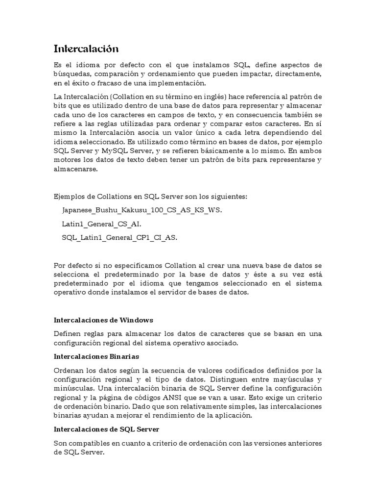 Significado y Uso de Intercalación en SQL | PDF | Servidor SQL de ...