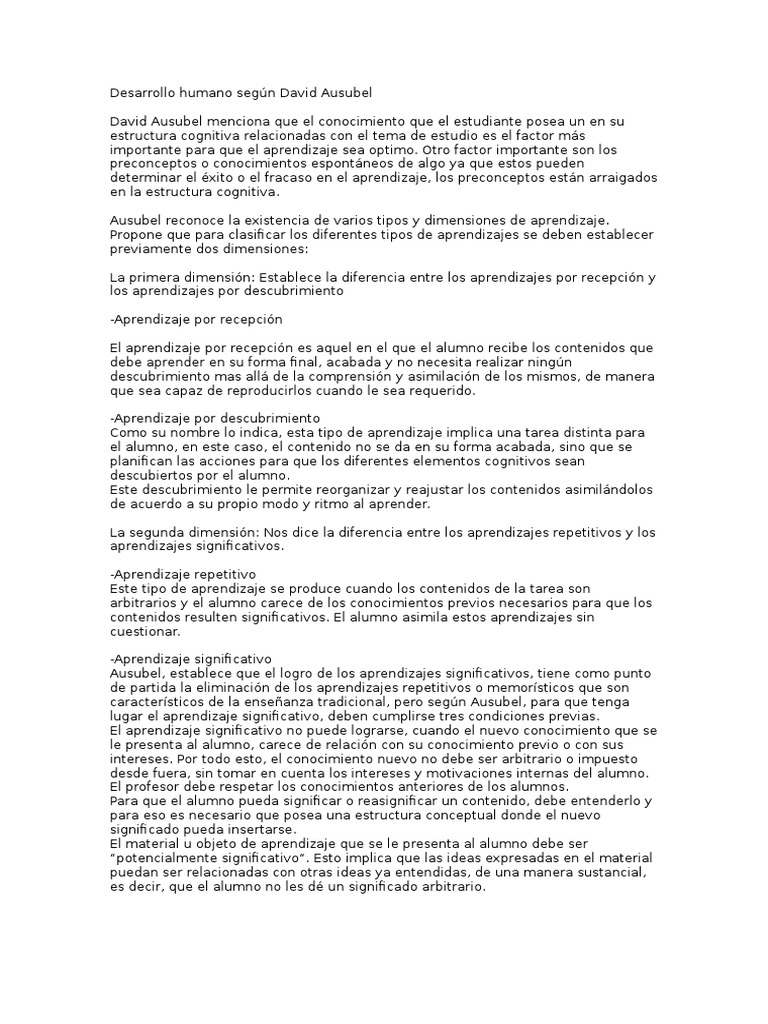 Desarrollo Humano Según David Ausubel - Yoiner | PDF | Neuropsicología | Aprendizaje