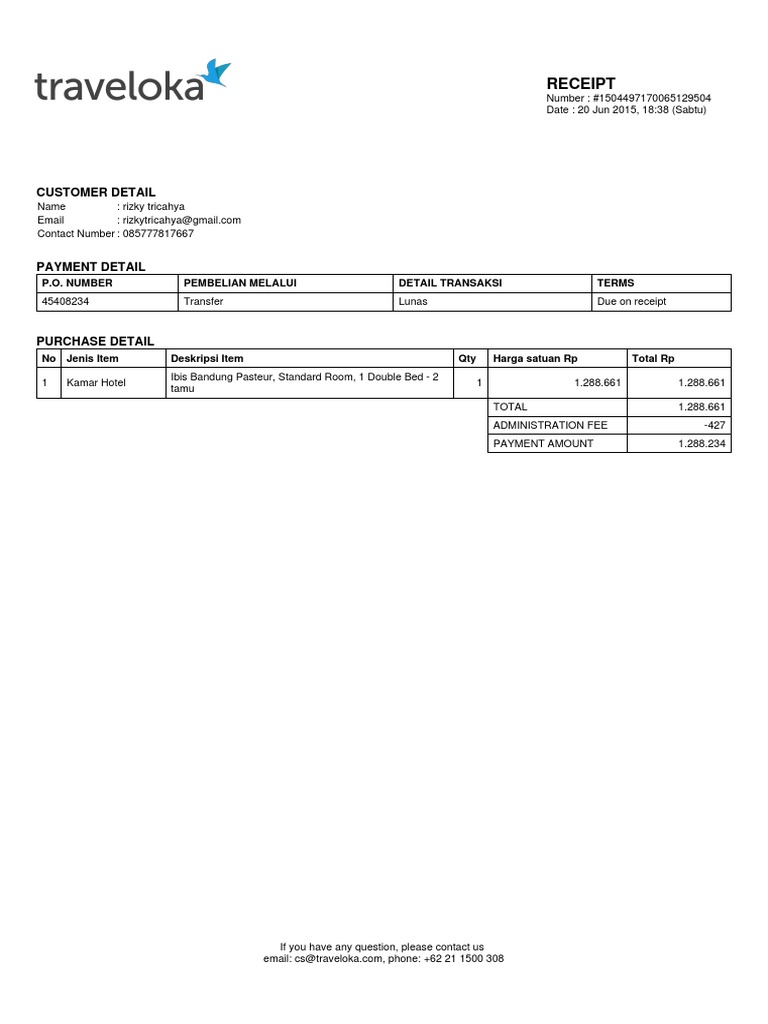 Traveloka Hotel Receipt #1504497170065129504 | PDF
