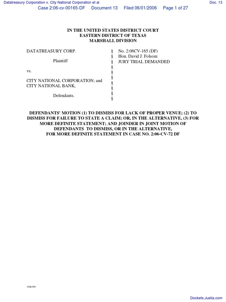 Datatreasury Corporation v. City National Corporation Et Al - Document No. 13 | PDF | Personal ...