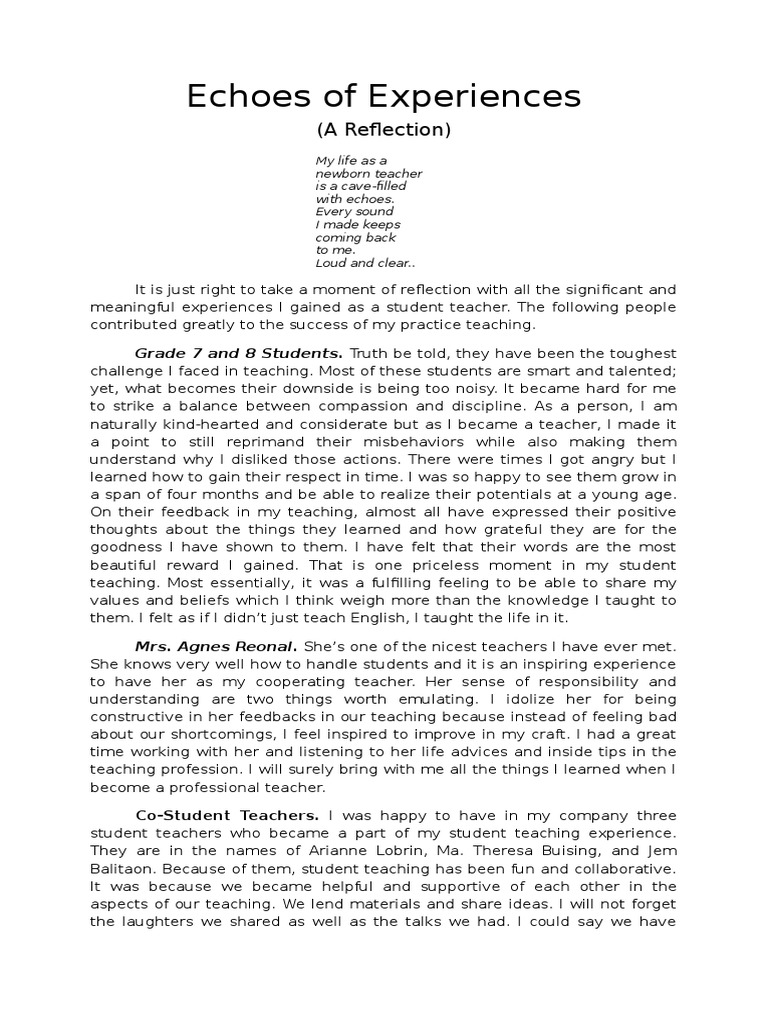 Reflection On Practice Teaching Experiences | PDF | Teachers ...