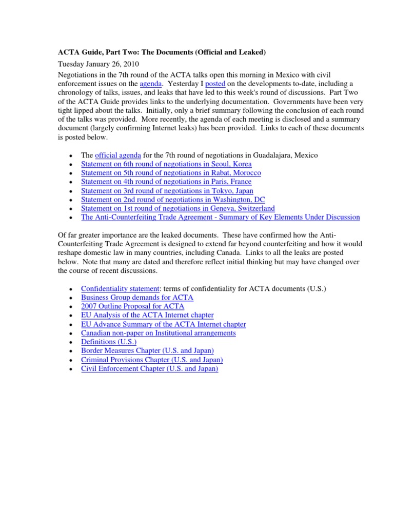 ACTA Guide: Key Documents and Leaks | PDF