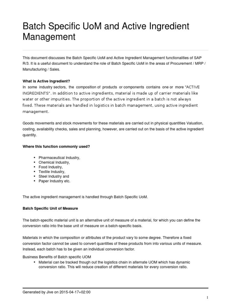 Batch Specific Active Ingredient Management | PDF | Units Of ...