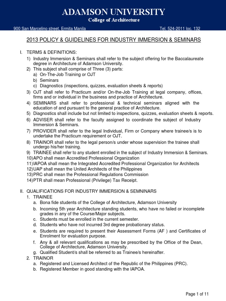Adamson Arki OJT Guidelines | PDF | Architect | Evaluation
