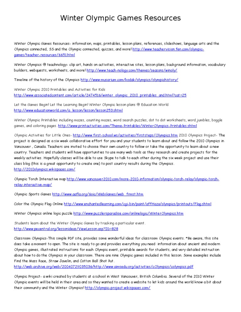 Winter Olympics Educational Resources | PDF | Olympic Games | Lesson Plan
