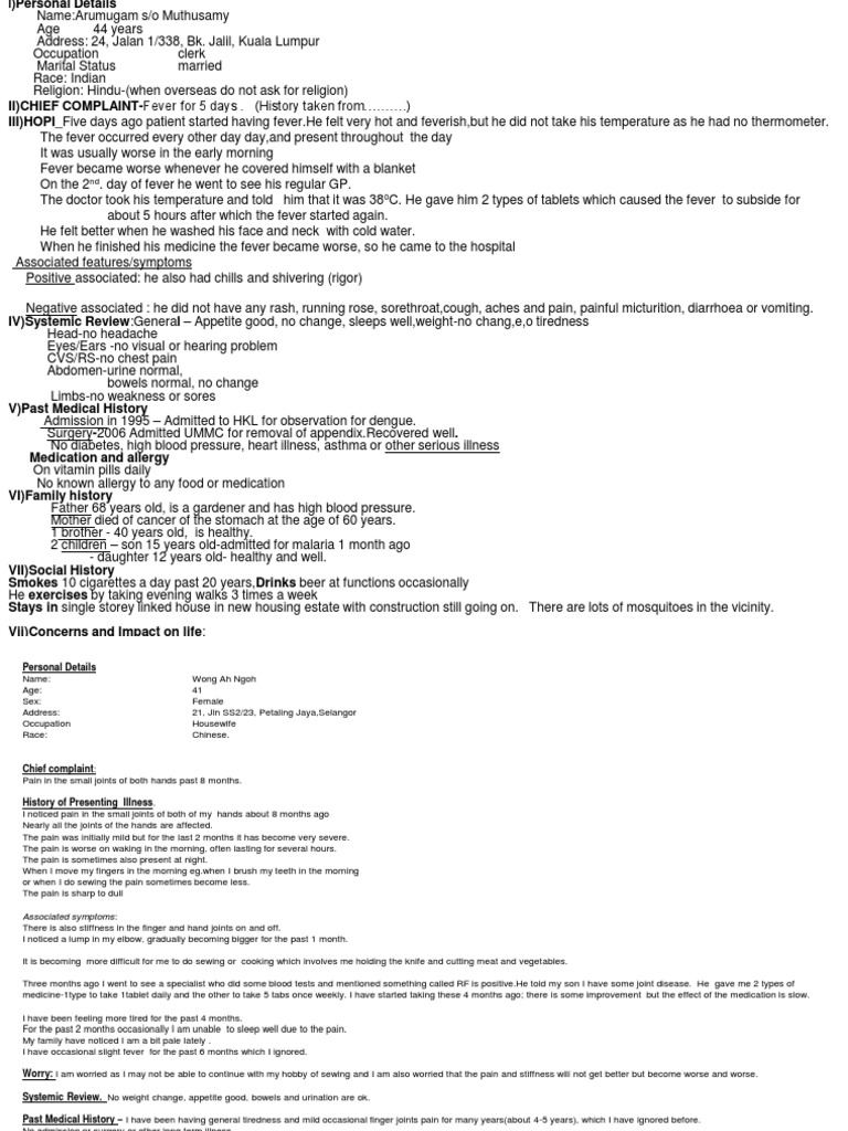 Clerking Case Example | Fever | Pain