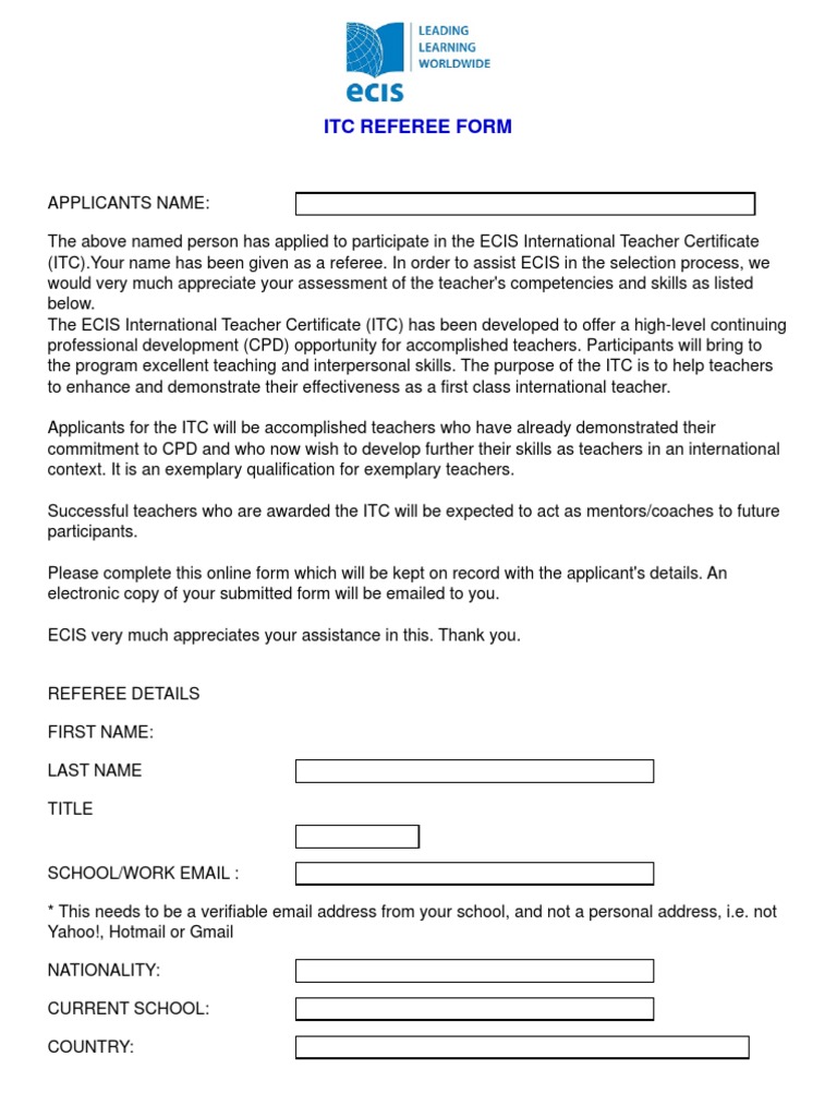 ITC Referee Form | Educational Assessment | Teachers