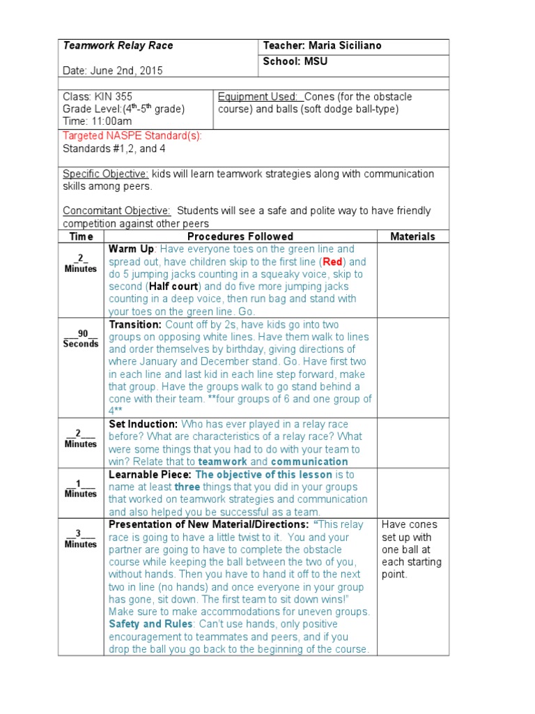 Teamwork Relay Race Lesson Plan | PDF | Cognition | Learning