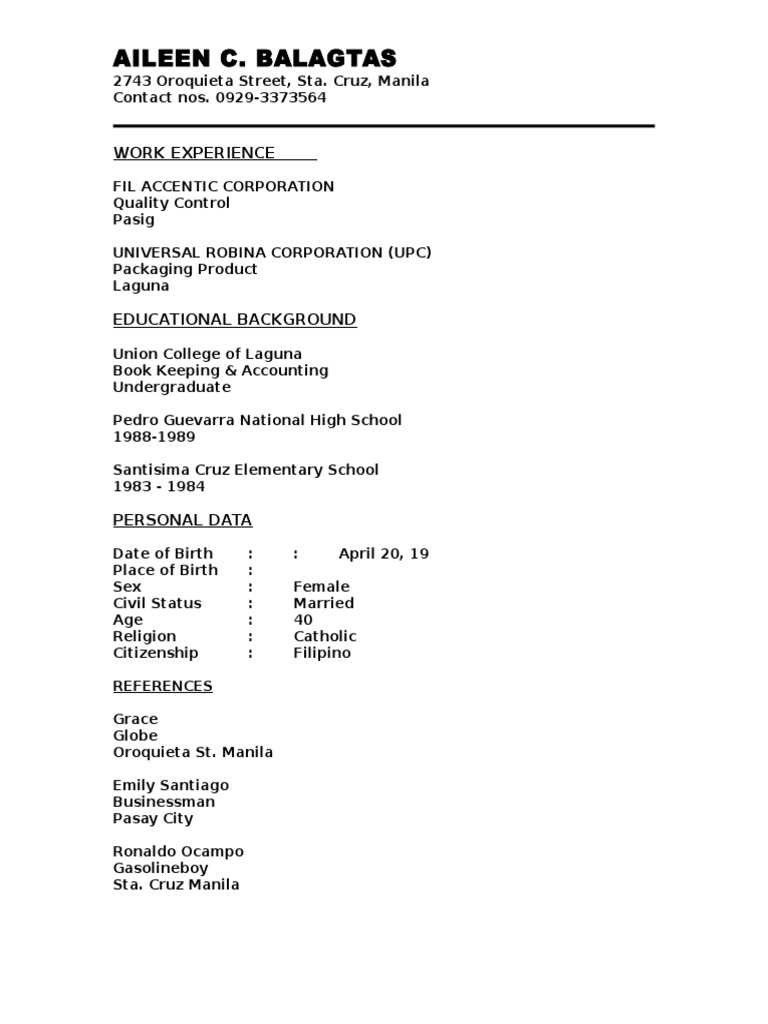 Aileen C. Balagtas: Work Experience | PDF