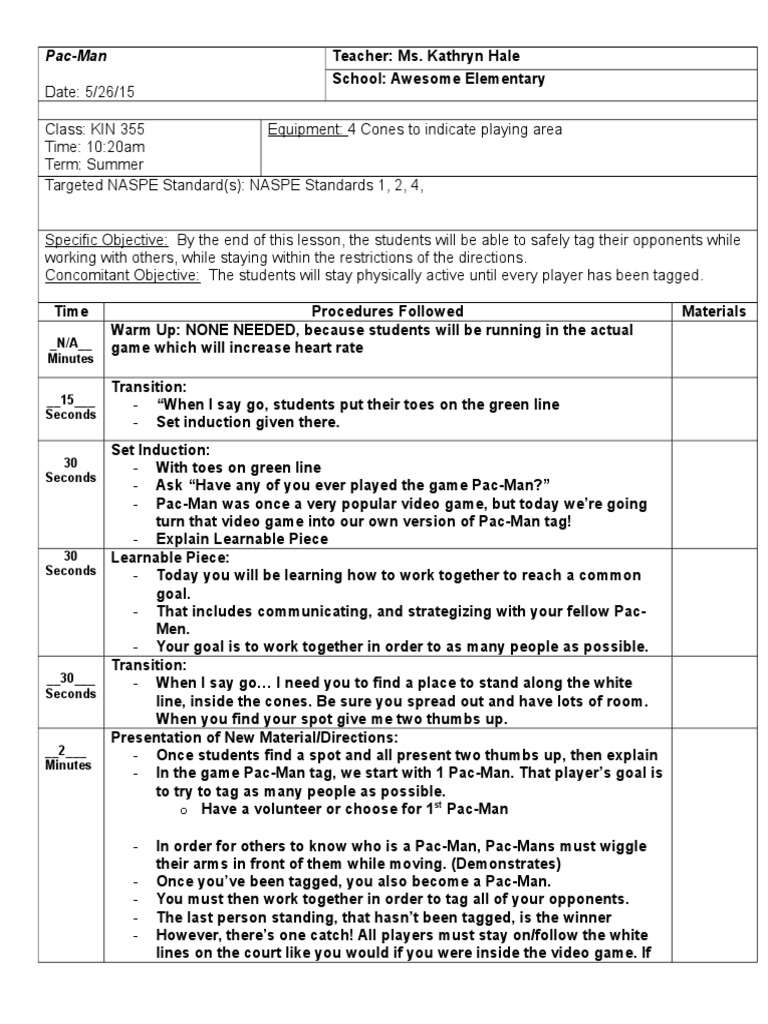 Kathryn Hale Lesson Plan - Pac Man Tag | PDF | Leisure