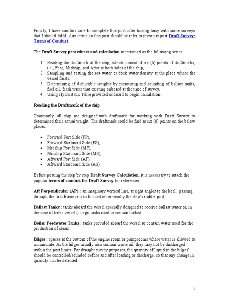Maritime - Draft Survey Procedure | PDF | Tonnage | Ships