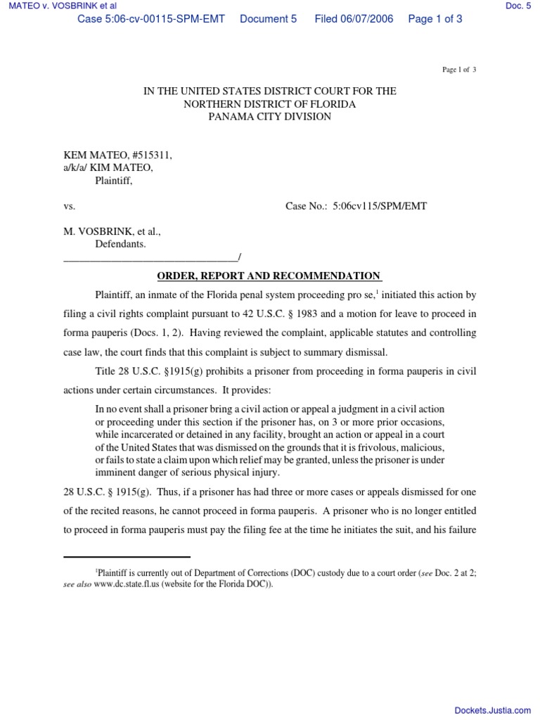 MATEO v. VOSBRINK Et Al - Document No. 5 | PDF | Complaint | Prejudice ...