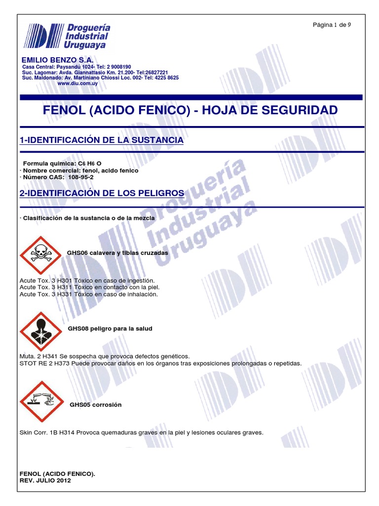 Fenol - MSDS | PDF | Agua | Residuos