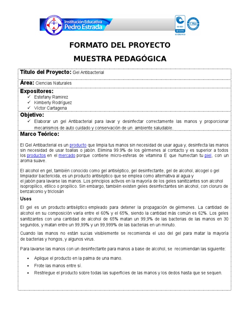 Gel Antibacterial: Proyecto Educativo | PDF | Sustancias químicas | Química
