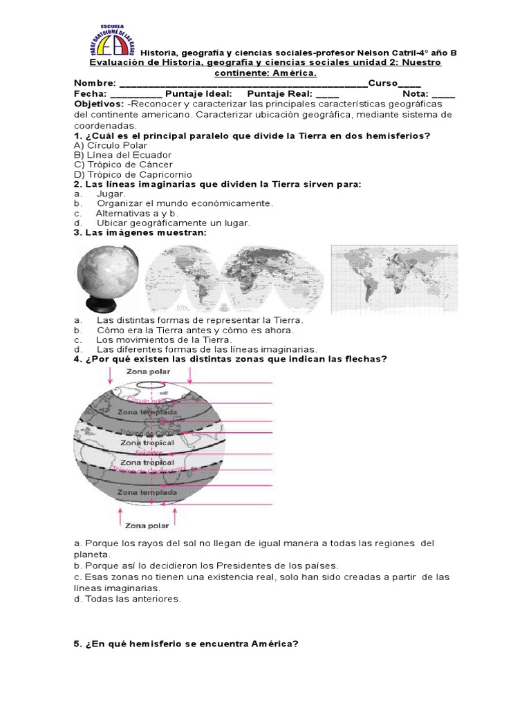 Evaluación de Historia Continente Americano 4º Año | PDF | Américas ...