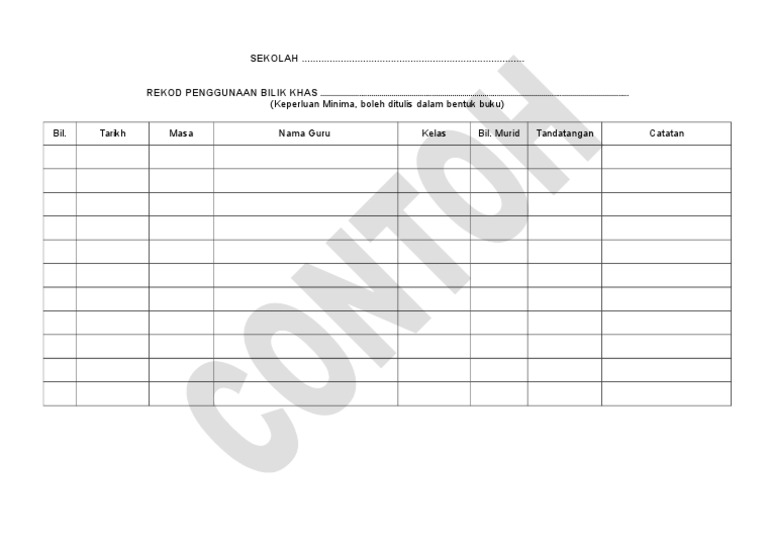 Contoh - Rekod Penggunaan Bilik Khas | PDF