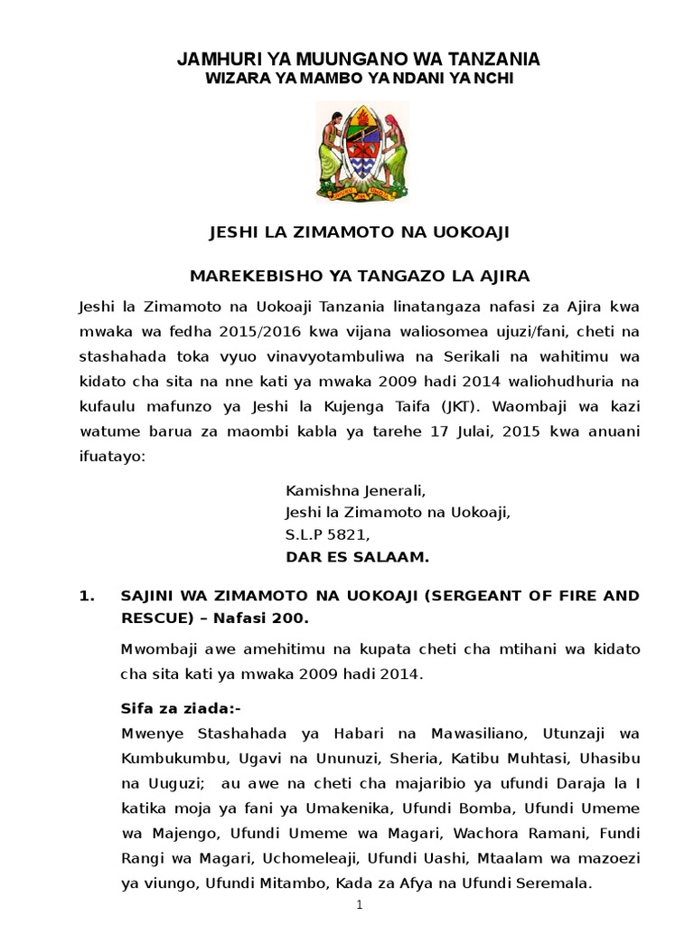 JESHI LA ZIMAMOTO NA UOKOAJI: Tangazo La Kazi Ajira Mpya 2015 | PDF