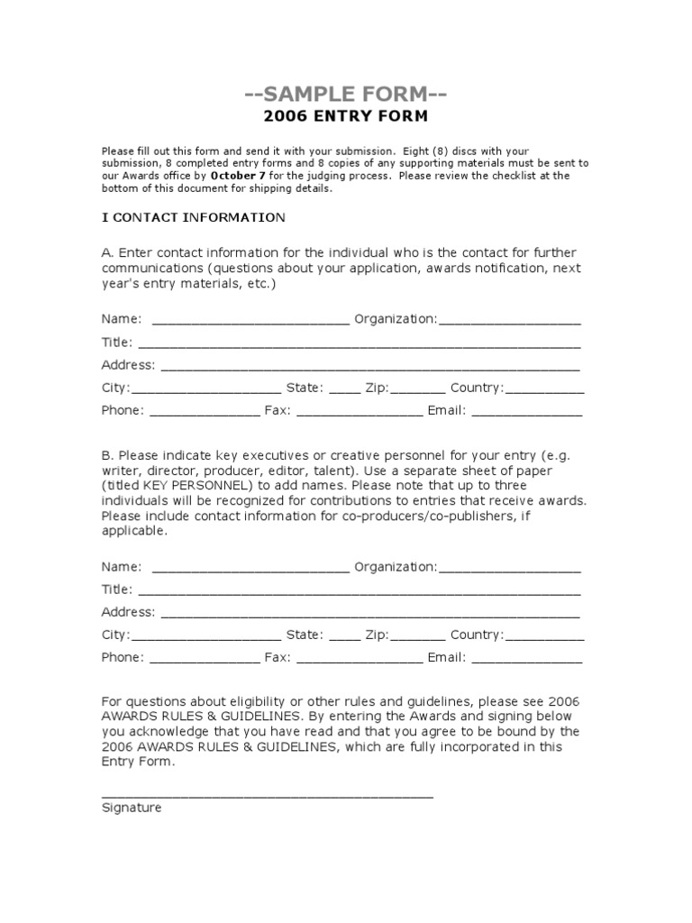2006 Sample Entry Form | PDF | Zip (File Format) | Fax
