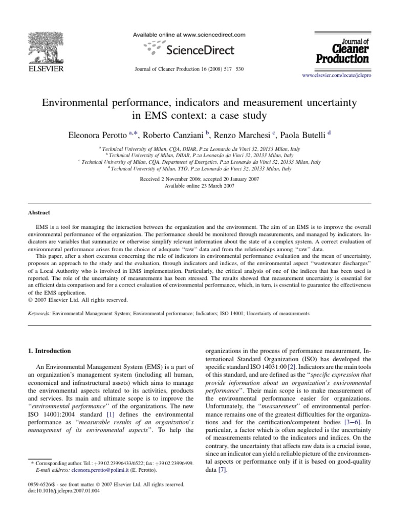 Environmental Performance, Indicators and Measurement Uncertainty | PDF ...