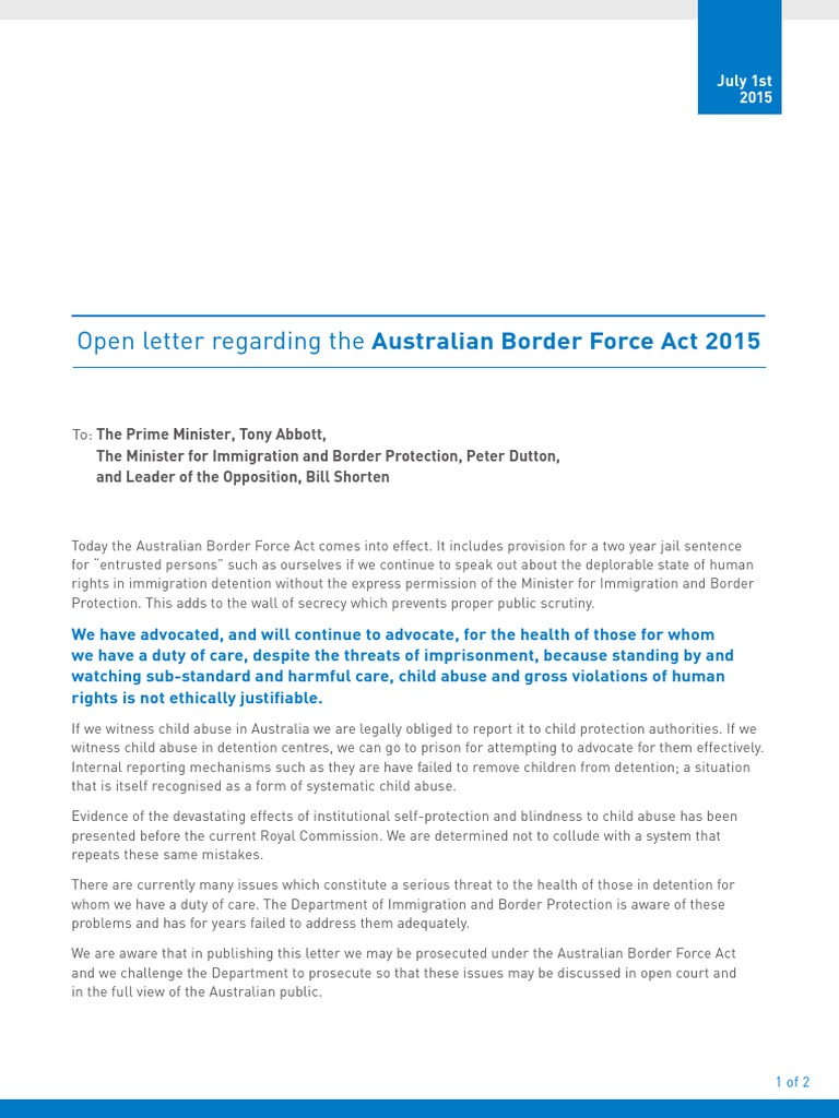Open AustraliaOpen Letter Regarding The Australian Border Force Act ...