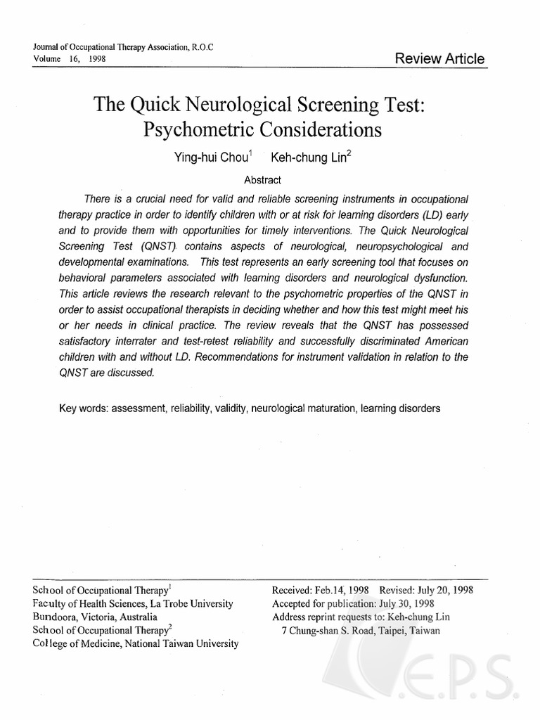 The Quick Neurological Screening Test Psychometric Considerations | PDF