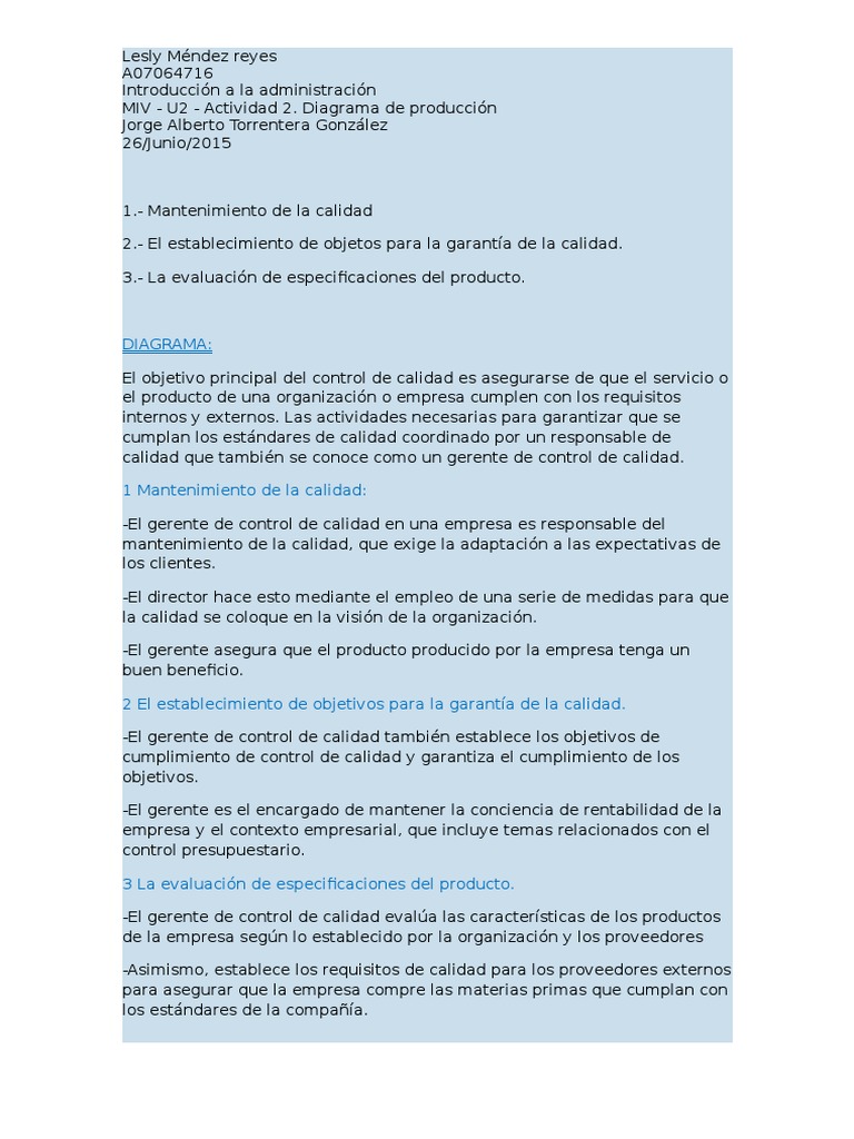 MIV - U2 - Actividad 2. Diagrama de Producción. | PDF | Calidad (comercial) | Economias