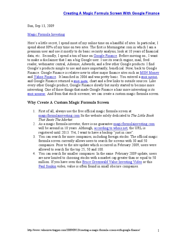 Magic Formula Using Google Screen | PDF | Financial Markets | Market ...