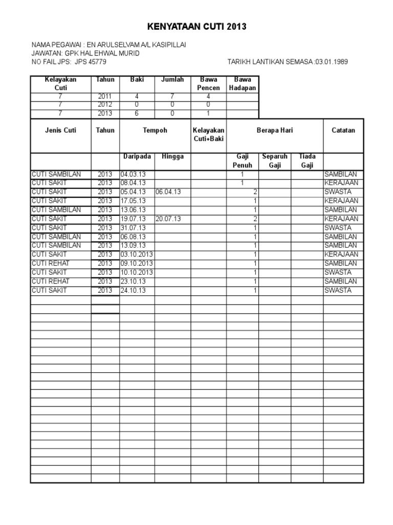 Kenyataan Cuti Pegawai 2013 | PDF | Business | Lifestyle