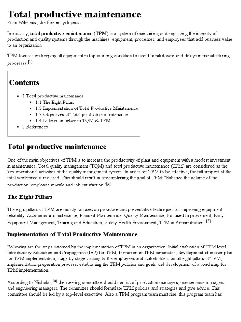 Total Productive Maintenance - Wikipedia, The Free Encyclopedia | PDF ...