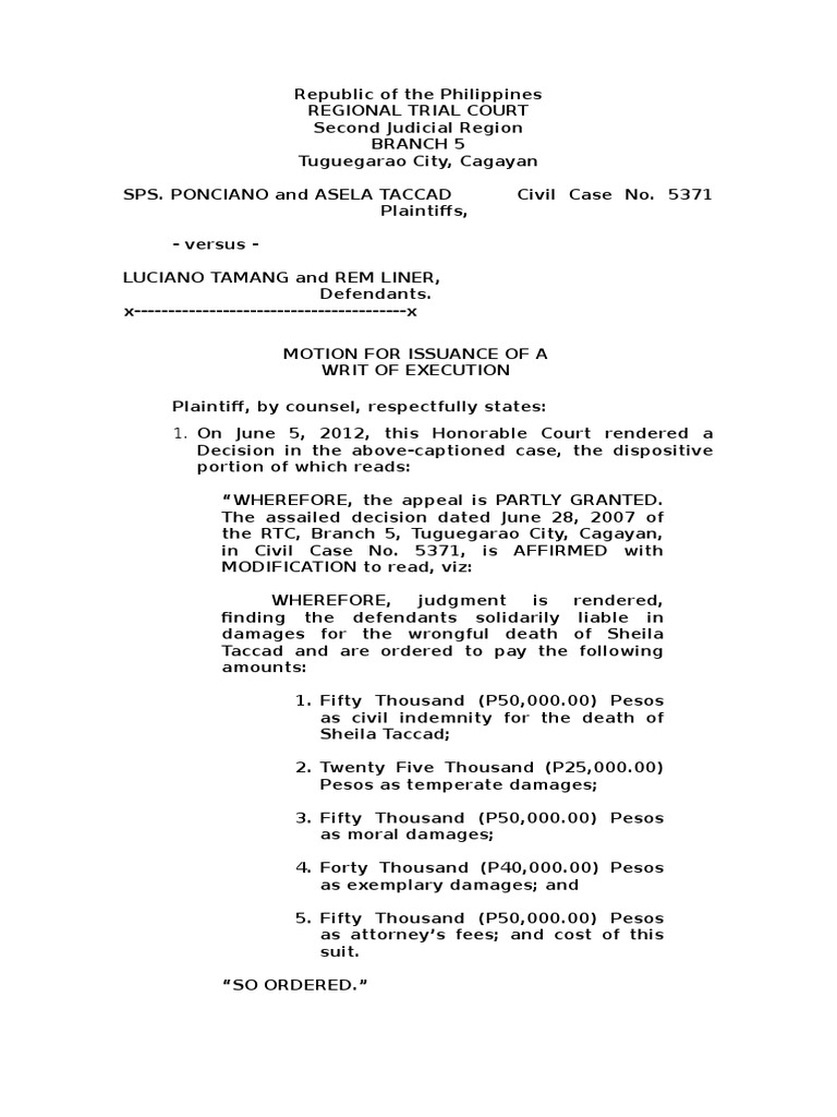 Motion For Writ of Execution | PDF | Lawsuit | Judgment (Law)