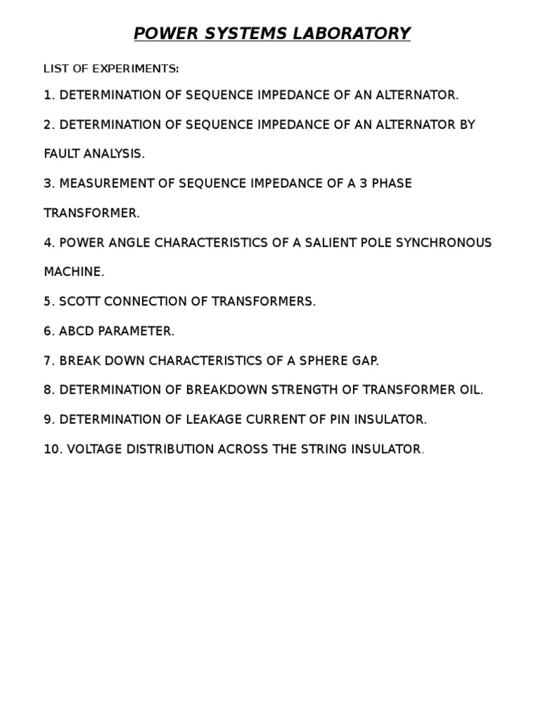 Powwer Systems Lab List of Experiments | PDF | Electric Power System ...