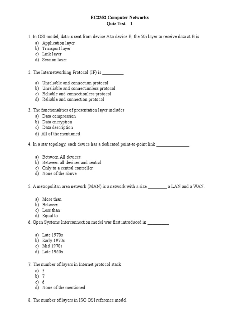 EC2352 Computer Networks Quiz Test - 1 | PDF | Computers | Technology ...