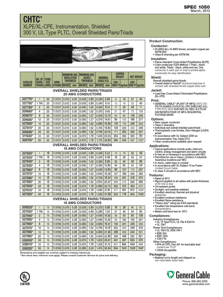 XLPE/XL-CPE, Instrumentation, Shielded 300 V, UL Type PLTC, Overall ...