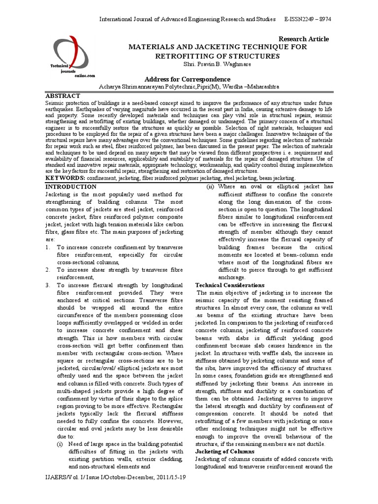 Jacketing Techniques for Structural Retrofitting | PDF | Column | Beam ...