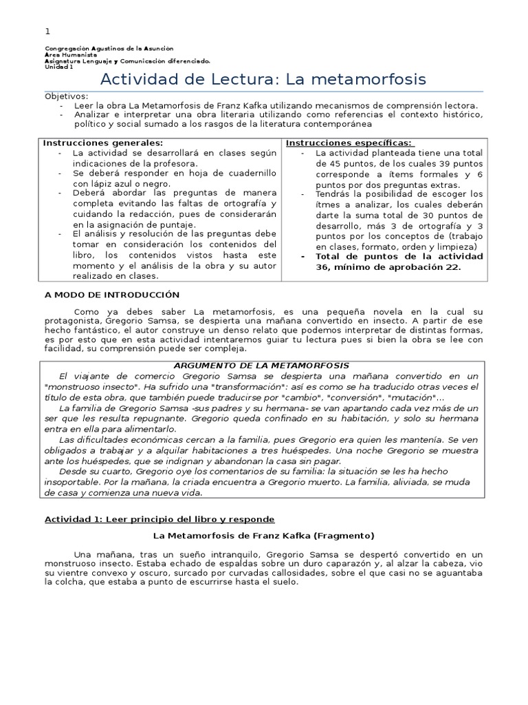 Actividad de Lectura | PDF | Franz Kafka | La metamorfosis
