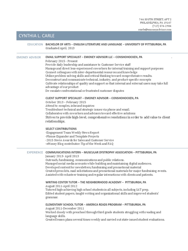 Cynthia Carle's Professional Resume | PDF