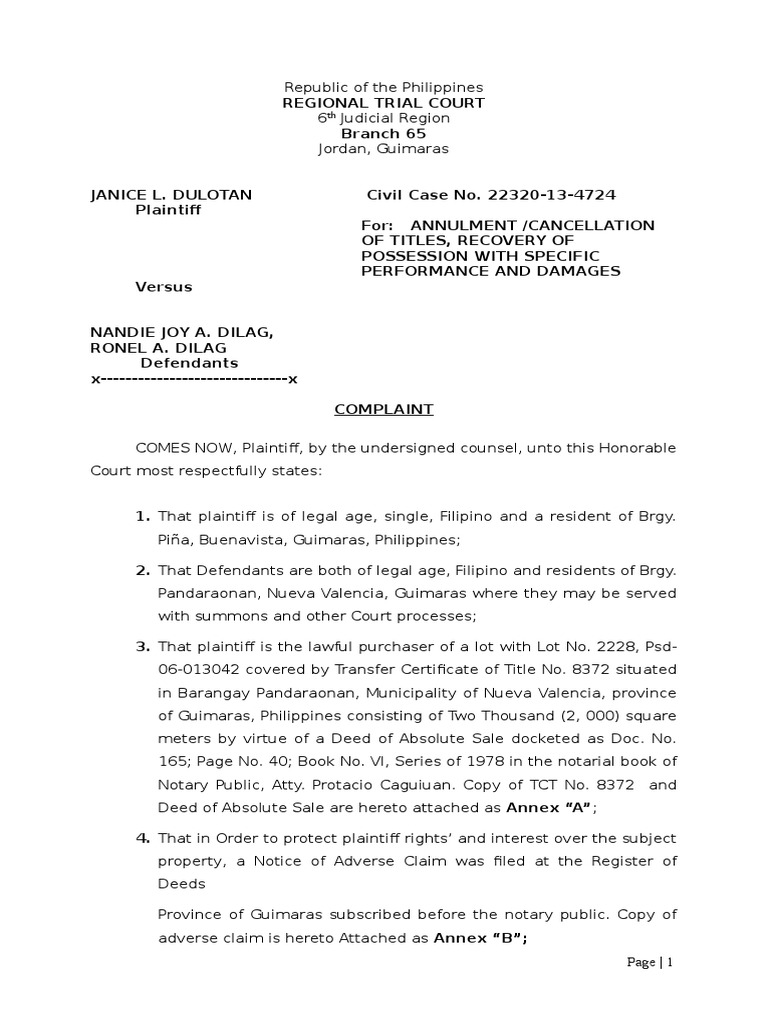 Annulment of Title Complaint | PDF | Law