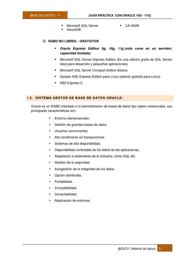 Guia Oracle 10 11g Vs05 | PDF | Servidor SQL de Microsoft | Bases de datos