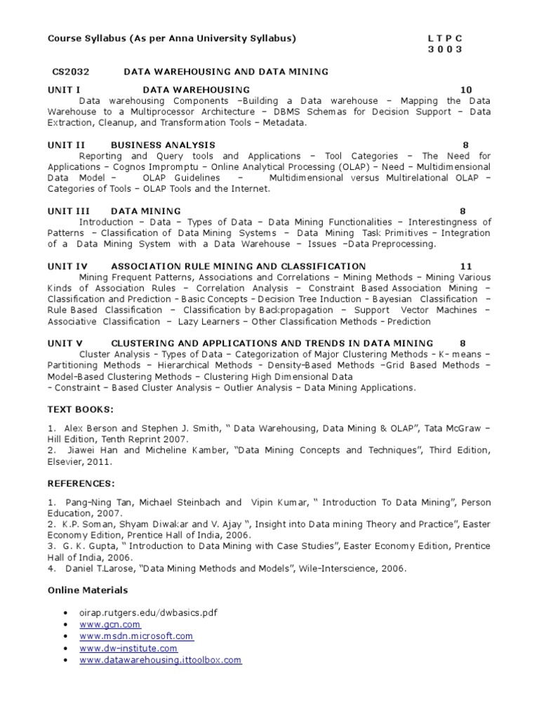 Data Warehousing And Data Mining Syllabus Pdf Data Warehouse Data Mining