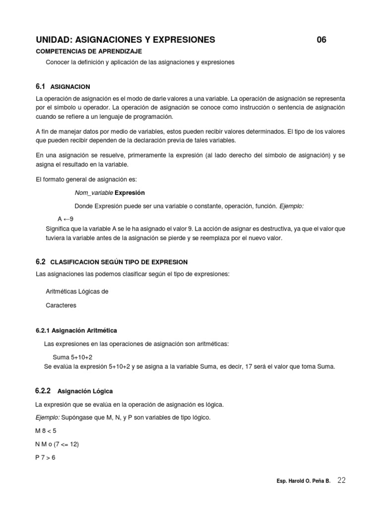 06 Asignacion y Expresiones. | PDF | Variable (informática) | Aritmética