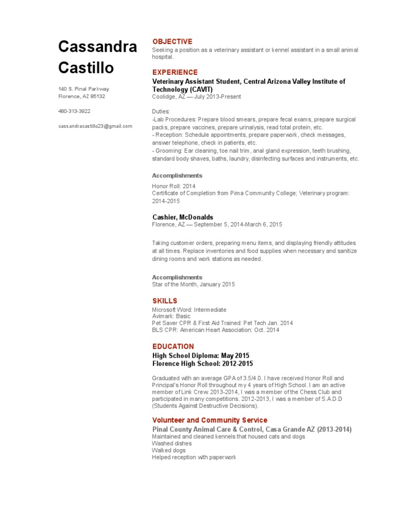 Veterinary Assistant Resume of Cassandra Castillo | PDF